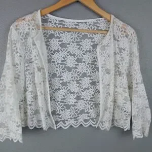 SHEIN | Sweaters | Shein Curve White Floral Lace Shrug Bolero Open ...